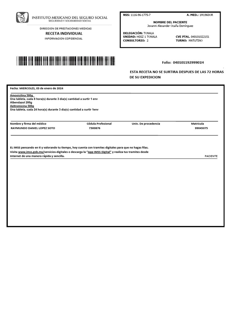 Receta IMSS Editable Infeccion de Estomago | PDF