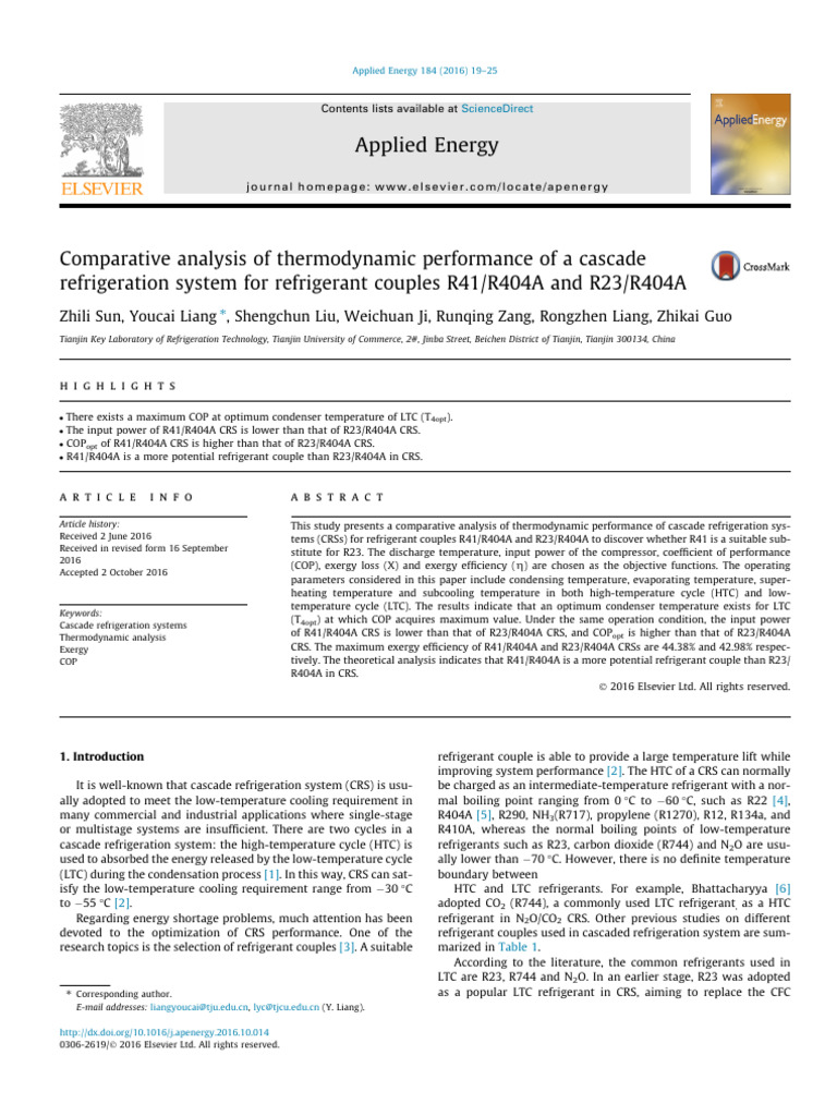 Comparative Analysis of Thermodynamic Performance of A Cascade Refrigeration System For ...