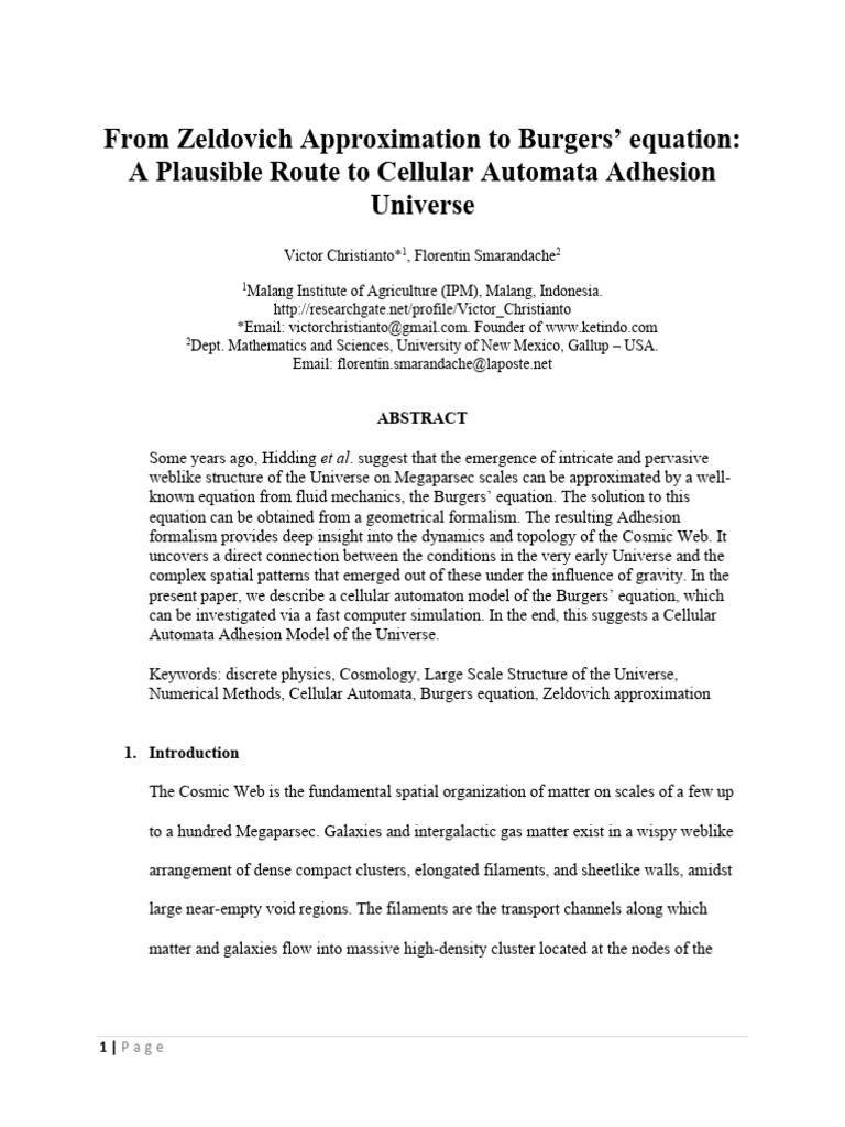 From Zeldovich Approximation To Burgers' Equation: A Plausible Route To ...