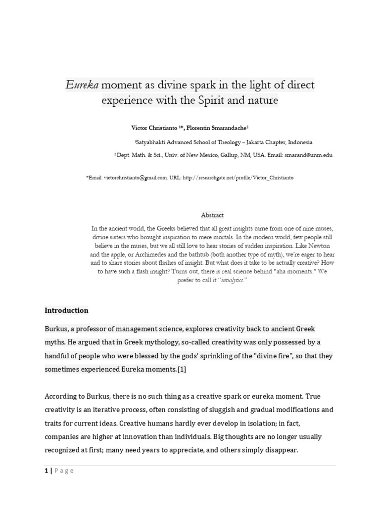 Eureka Moment As Divine Spark in The Light of Direct Experience With ...