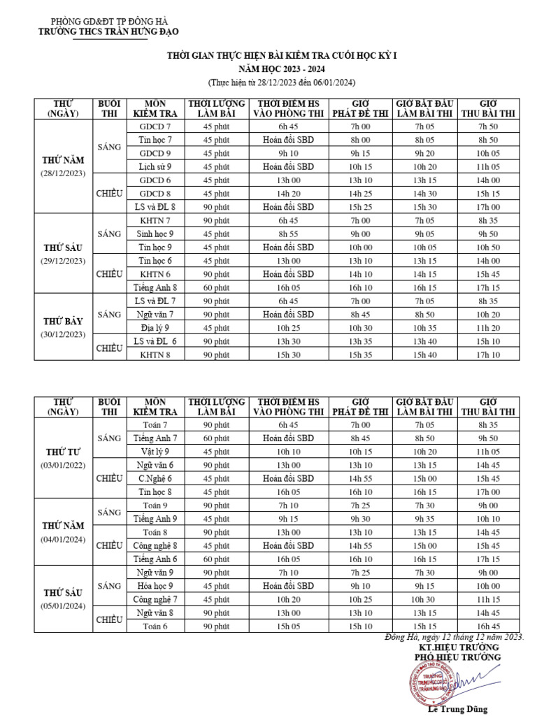 Lich Ktra Cuoi Ky 1 23 24 | PDF