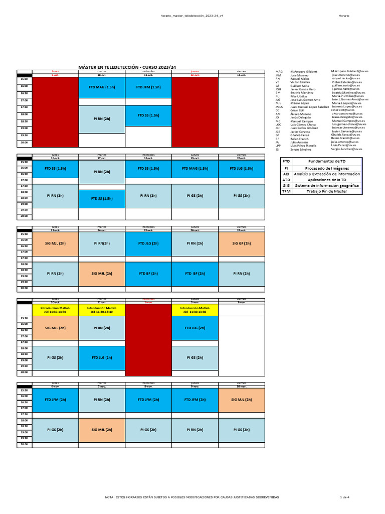 Horario Master Teledetección 2023-24 v4 | PDF
