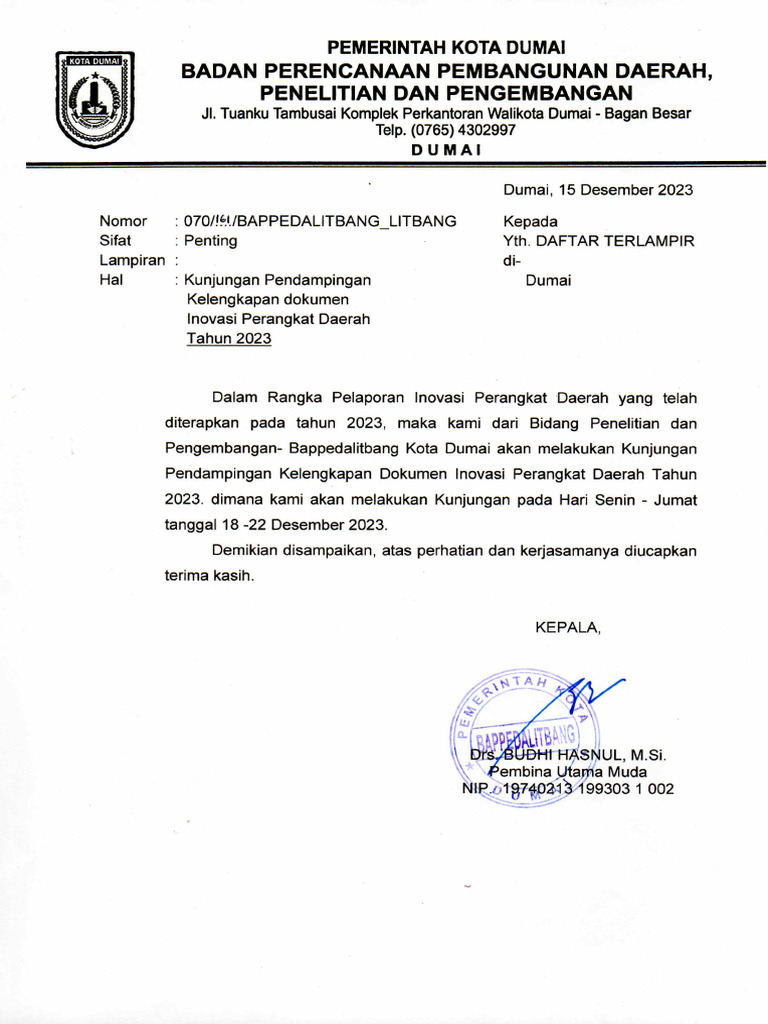 Surat Pendampingan Inovasi 2023 Ke OPD | PDF