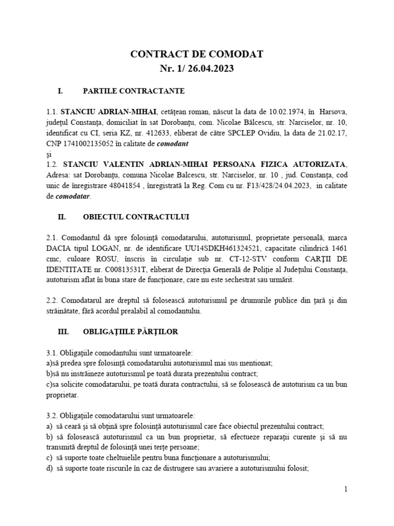 Model Contract de Comodat Pentru Autoturism Laurentiu Mihai | PDF