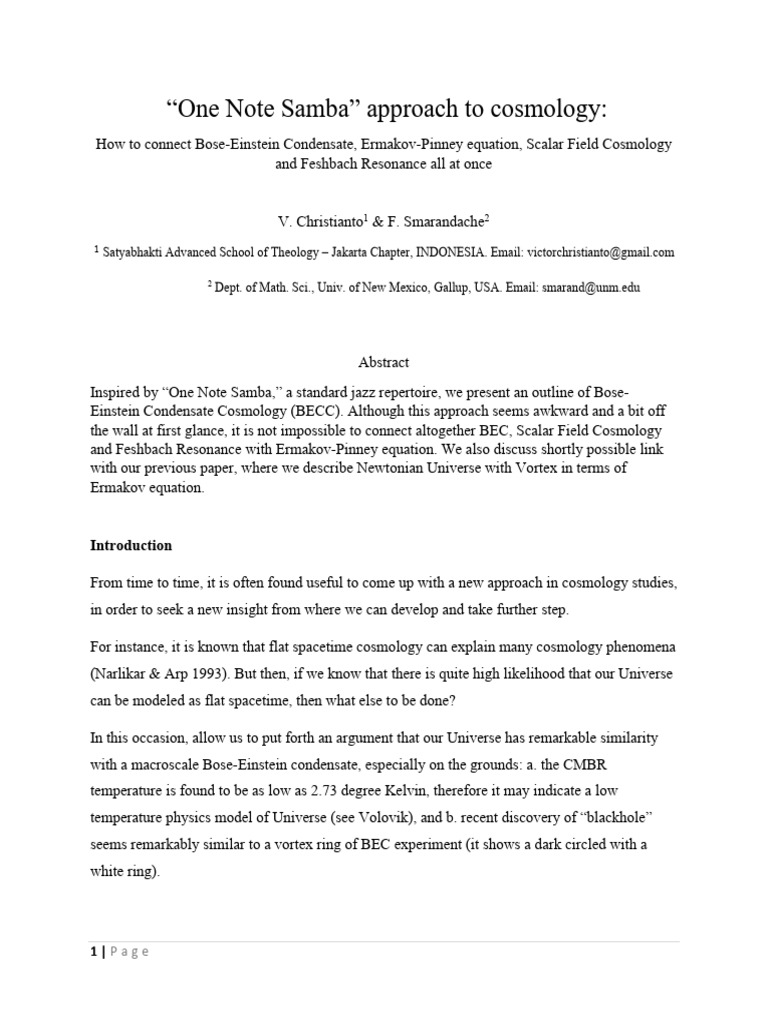 “One Note Samba” approach to cosmology: How to connect Bose-Einstein ...