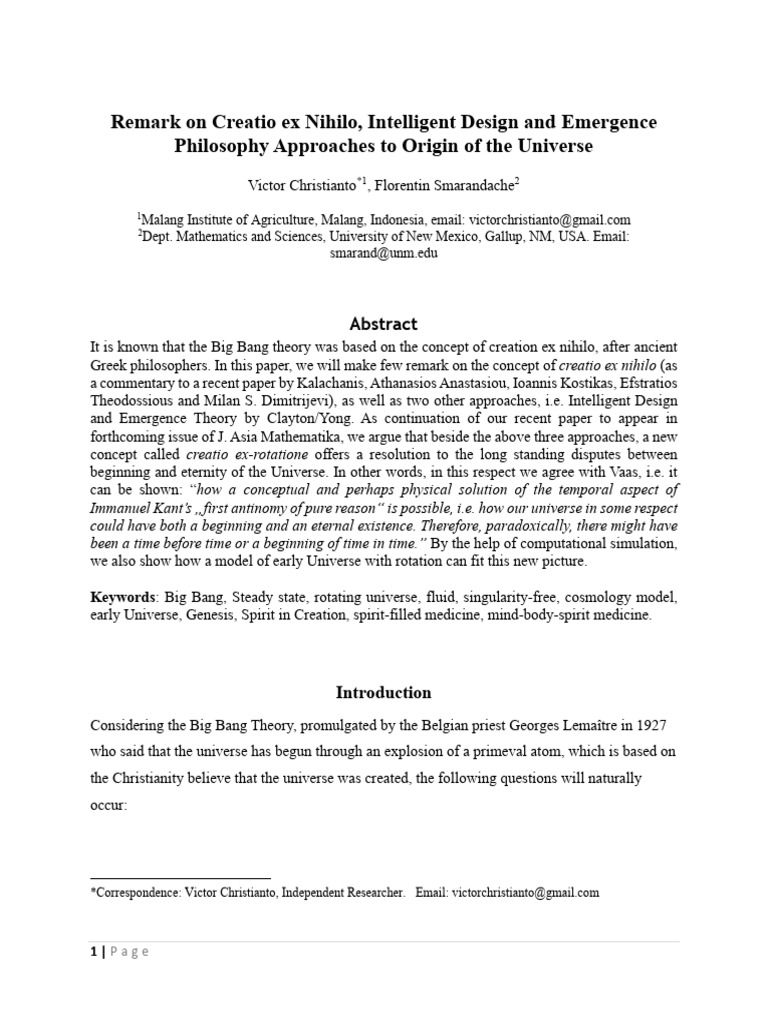 Remark On Creatio Ex Nihilo, Intelligent Design and Emergence ...