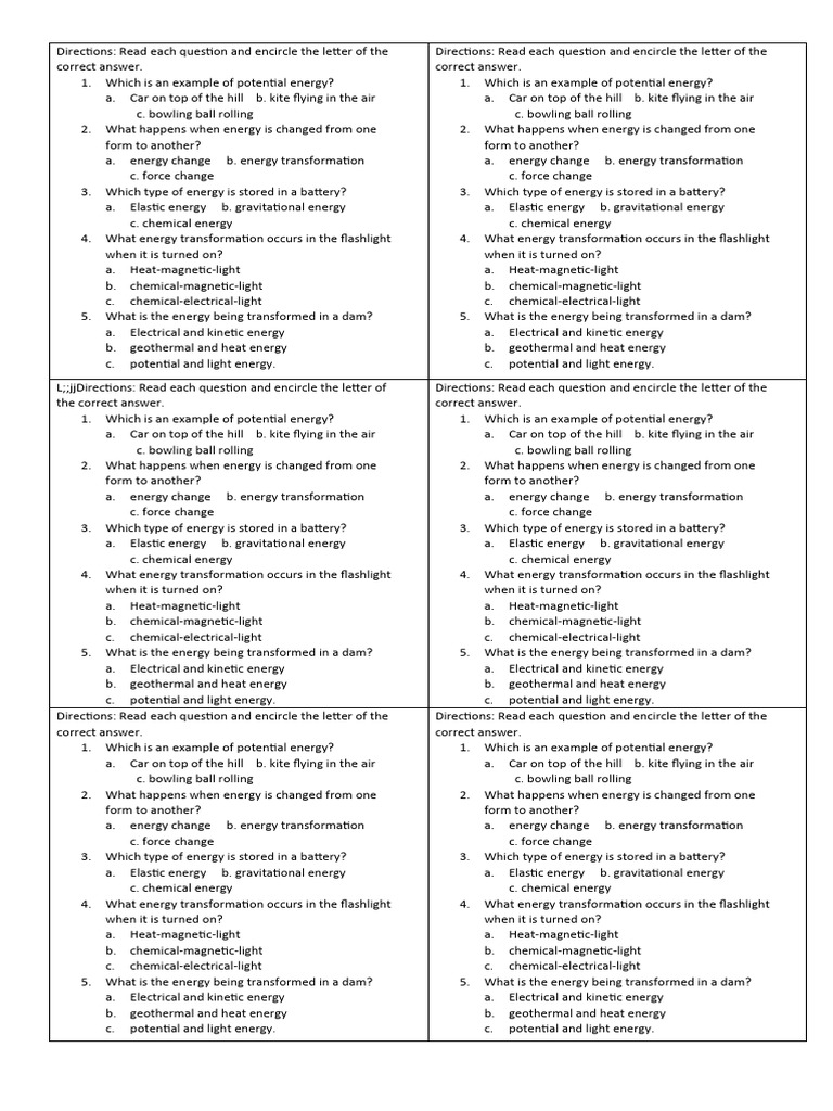 Pre-Test Energy Transformation | PDF