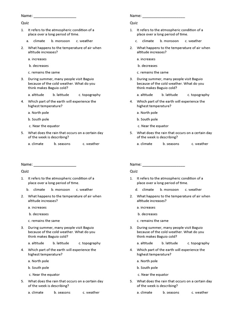 Quiz Factors Affecting Climate | PDF | Weather | Climate