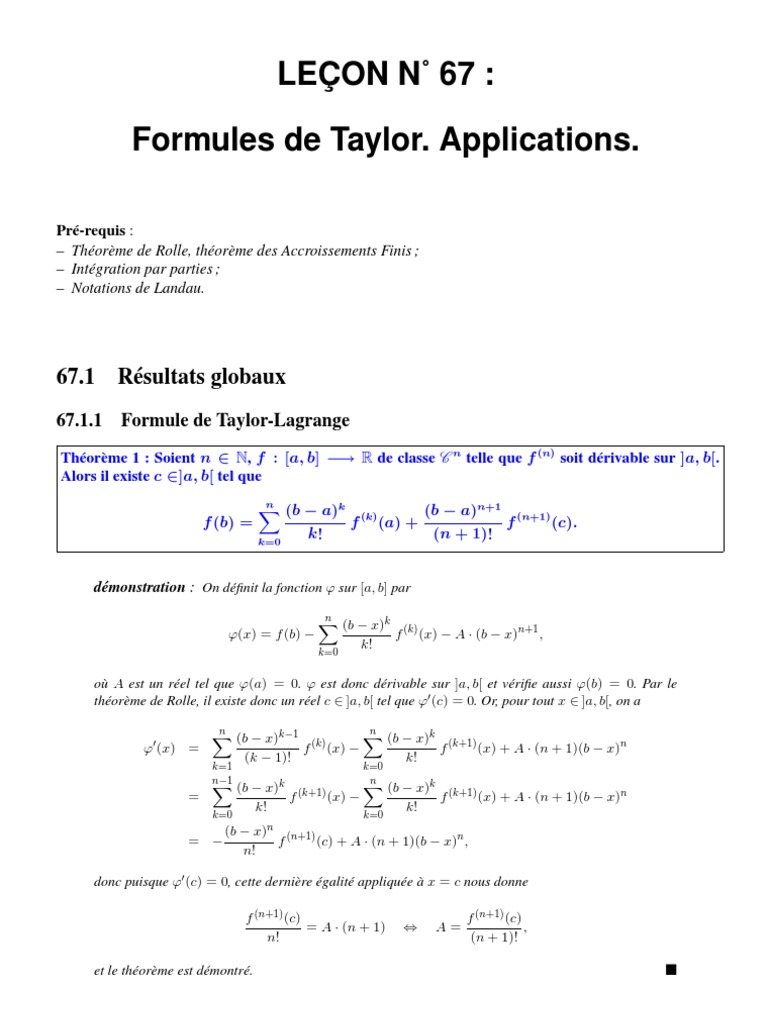 Formule de Taylor - Analyse 1 | PDF | Limite (mathématiques) | Fonction ...