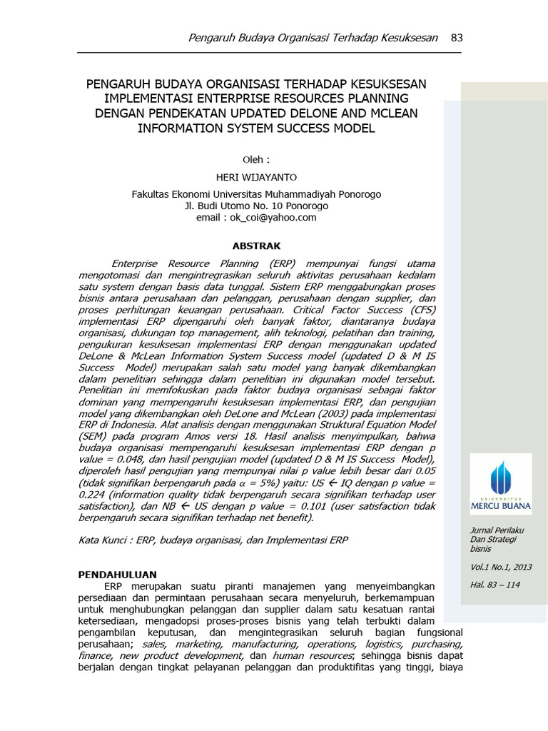 Asep, 7 PENGARUH BUDAYA ORGANISASI TERHADAP KESUKSESAN IMPLEMENTASI ENTERPRISE RESOURCES ...