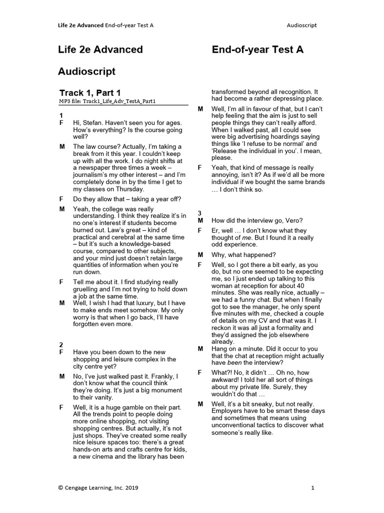 Life 2e Adv End-Of-Year TestA Audioscript | PDF
