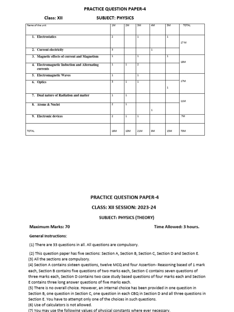 Physics Practice Question Paper 4 | PDF