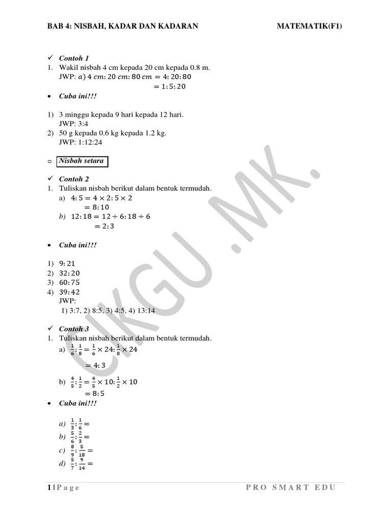 BAB 4 NISBAH, KADAR DAN KADARAN (F1) Matematik Notes | PDF