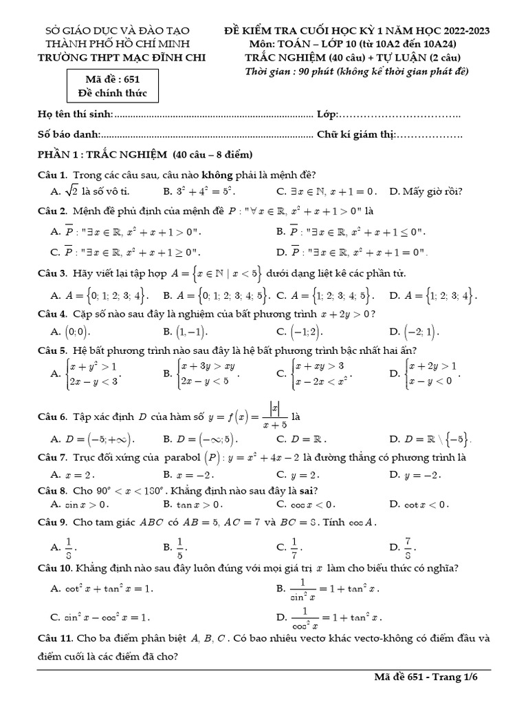 De Cuoi Hoc Ky 1 Toan 10 Nam 2022 2023 Truong THPT Mac Dinh Chi TP HCM | PDF