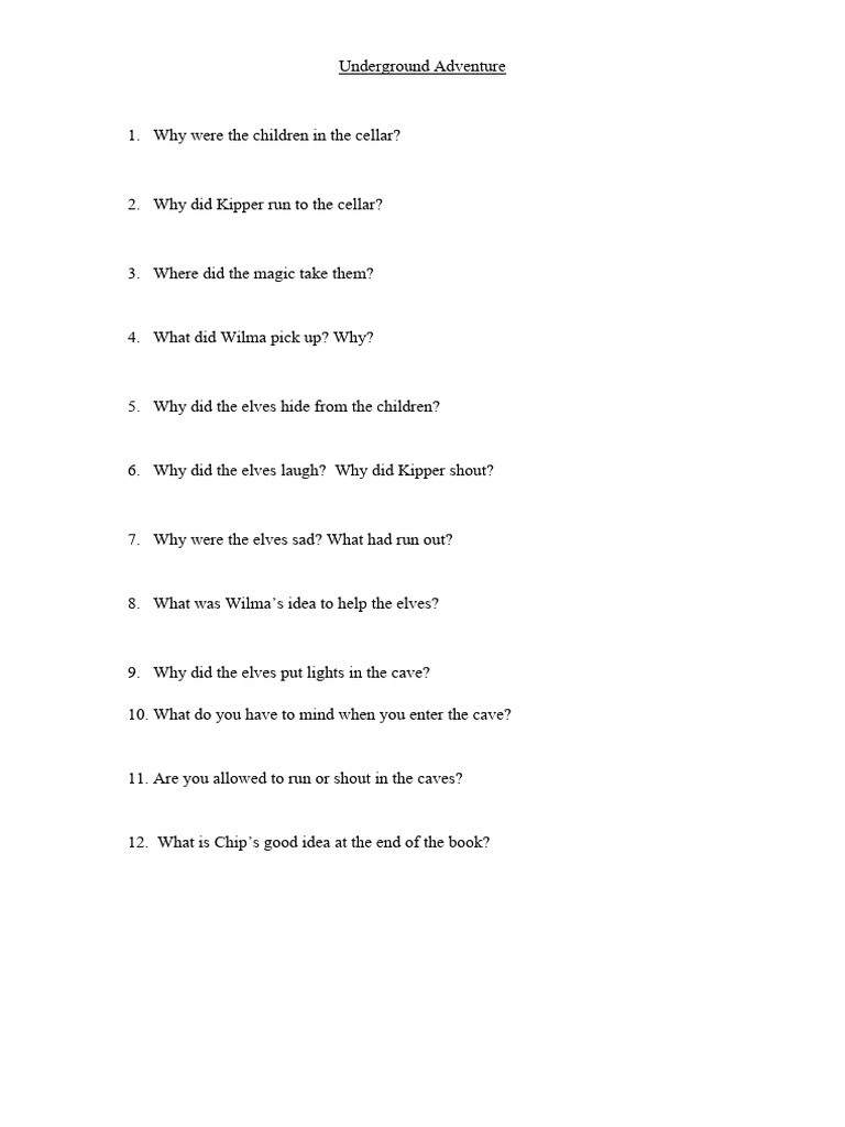 Underground Adventure Prompts and Comprehension | PDF