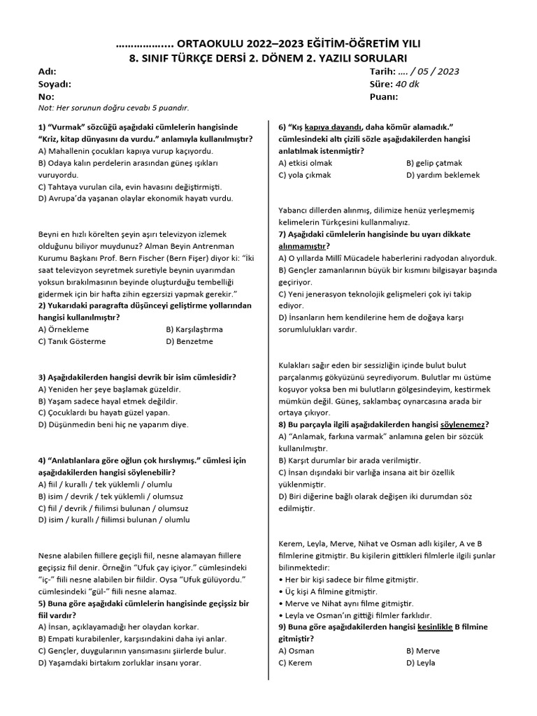 Turkce 8 Sinif 2.donem 2.yazili | PDF