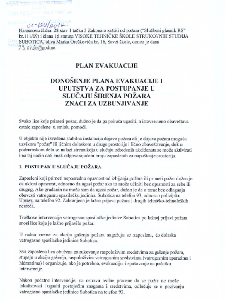 Plan Evakuacije I Uputstva Za Postupanje U Slučaju Širenja Požara I Znaci Za Uzbunjivanje | PDF