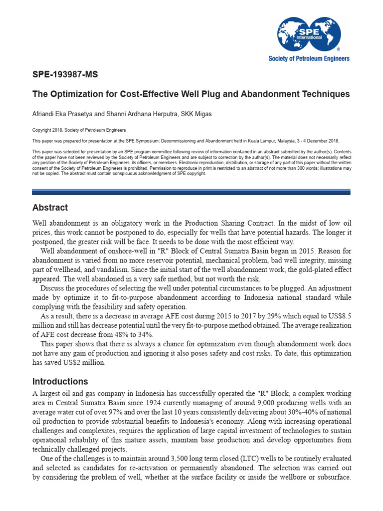 Spe The Optimization For Cost-Effective Well Plugand Abandonment ...