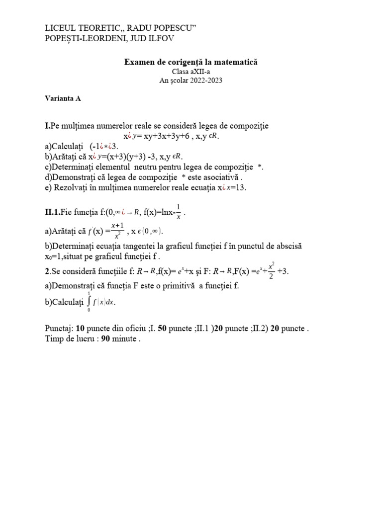 0 Examen de Corigenta La Matematica Clasa 12 | PDF