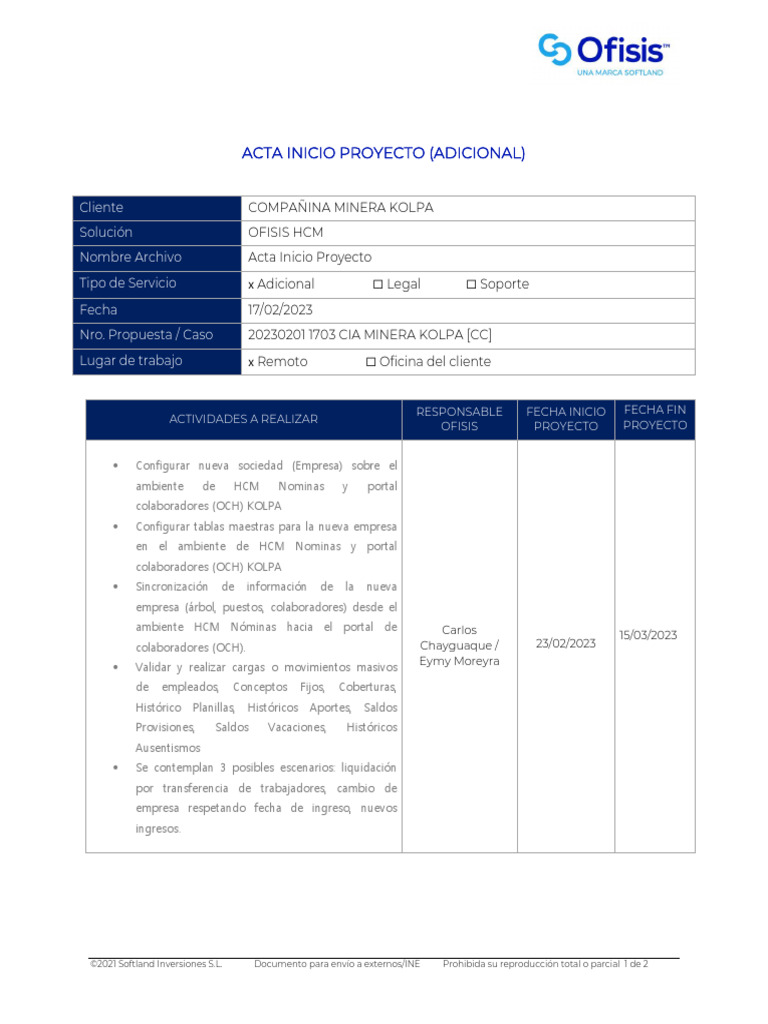 Acta Inicio Proyecto | PDF
