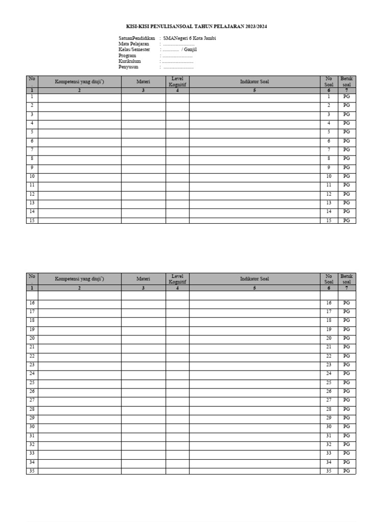 Contoh Kisi Kisi Soal 2023 | PDF