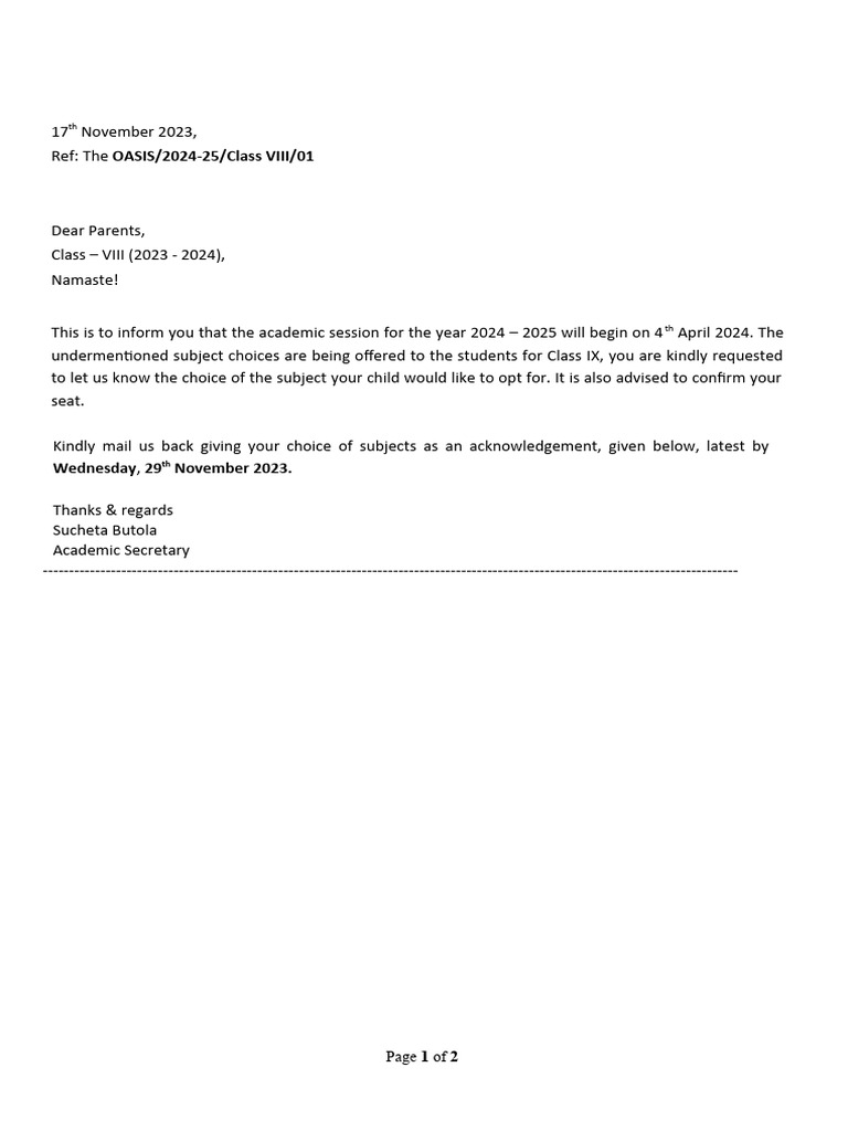 Class IX Subject Choice Letter - 2024 | PDF