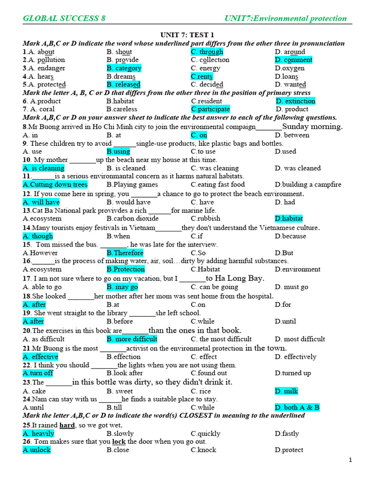 Unit 7: Environmental Protection Test | PDF