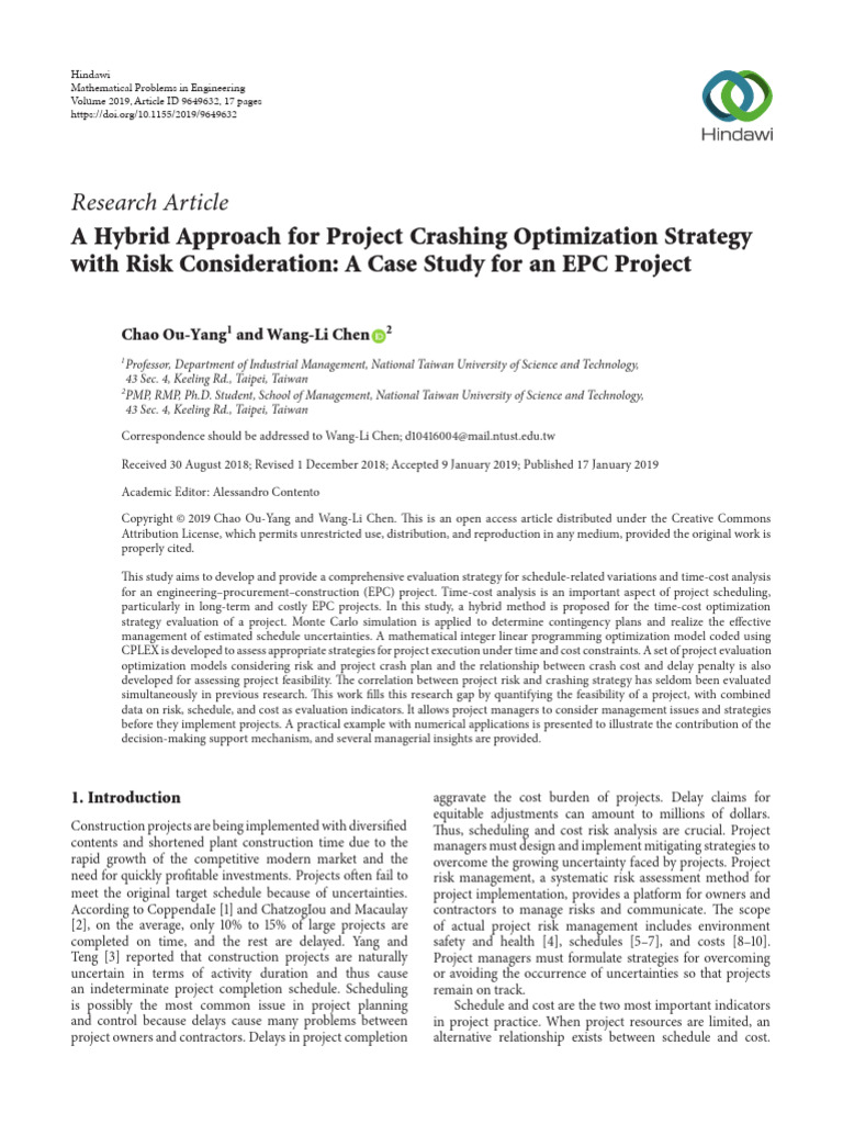 A Hybrid Approach For Project Crashing Optimization Strategy With Risk Consideration A Case ...