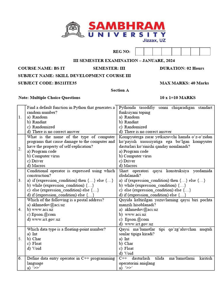 Final EXAMINATION SDC III 05.01.2024 | PDF