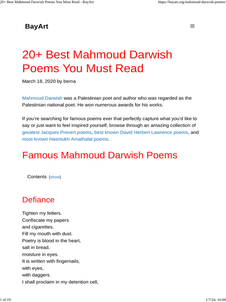 20+ Best Mahmoud Darwish Poems You Must Read - BayArt | PDF | General ...
