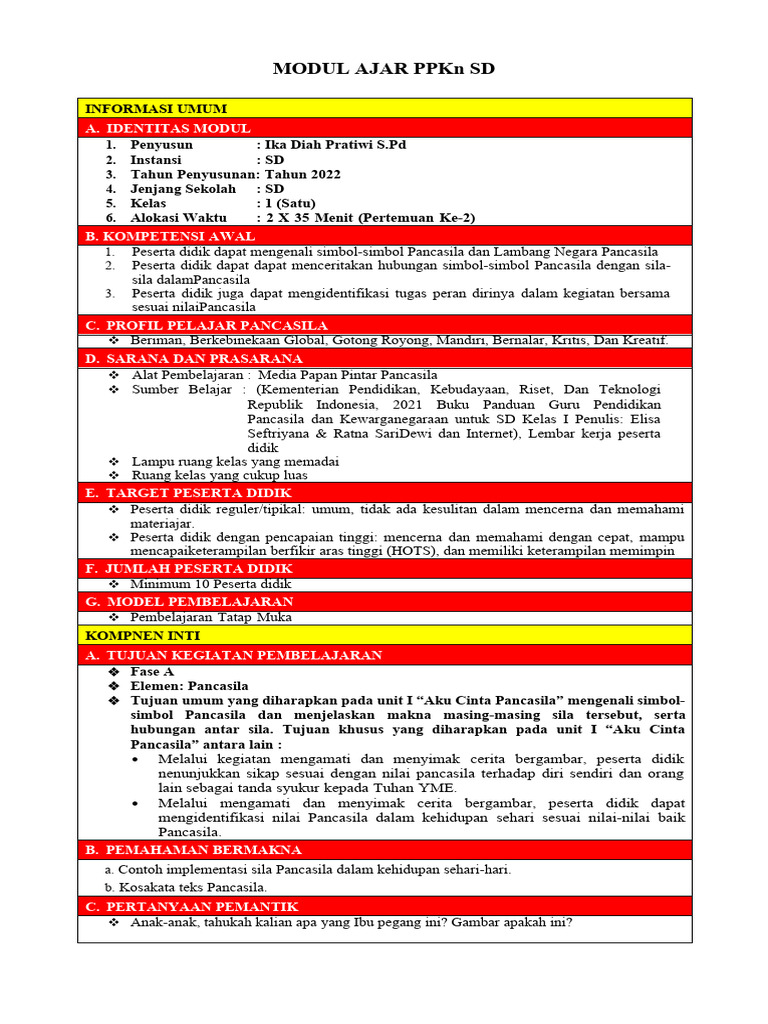 RPP Kelas 1 Kumer - Pancasila | PDF