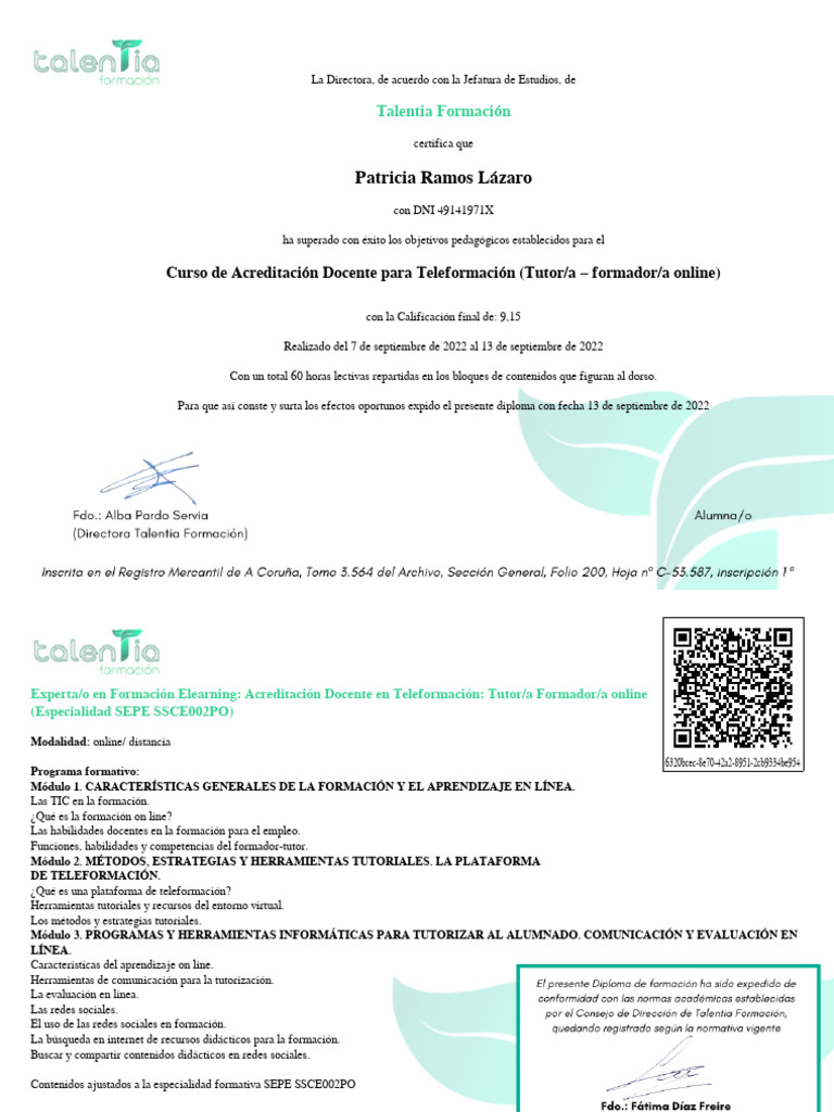 Patricia Ramos Lázaro: Talentia Formación | PDF