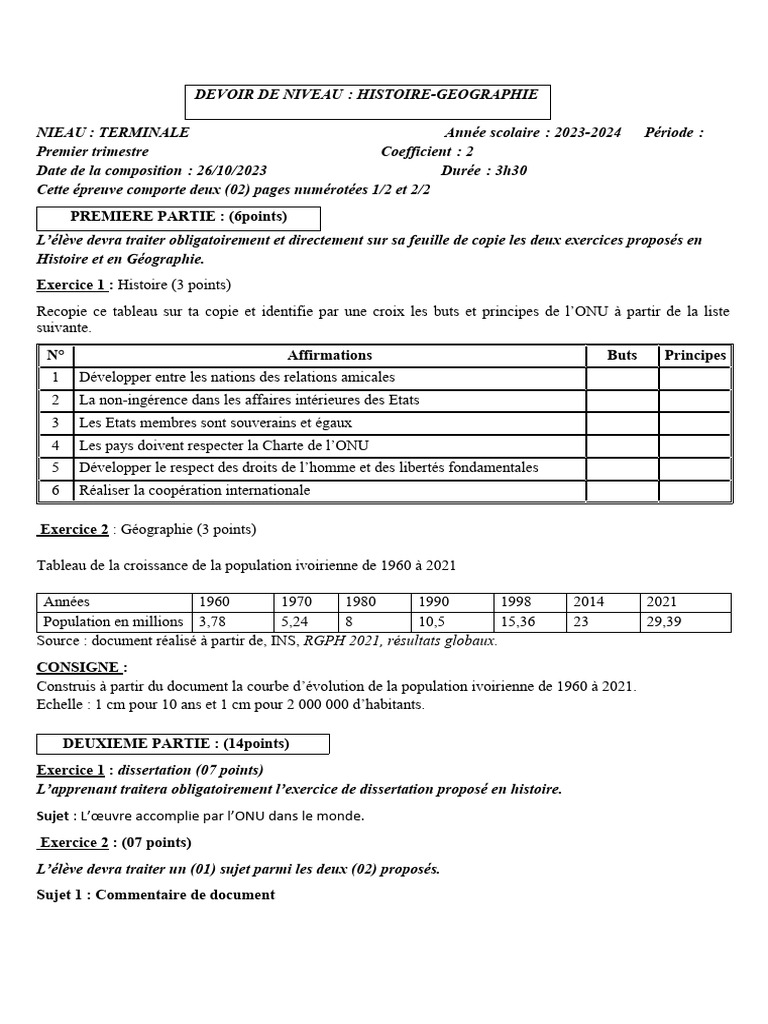 Devoir de Commun N°1-2023-2024 (HG) | PDF