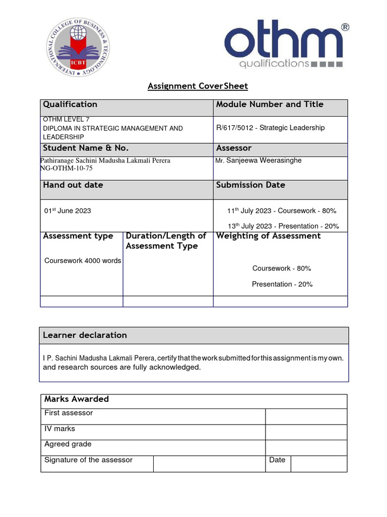 Strategic Leadership - Assessment - Coursework | PDF | Leadership ...