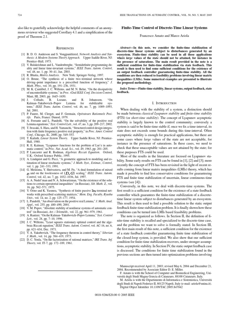 Finite-Time Control of Discrete-Time Linear Systems | PDF