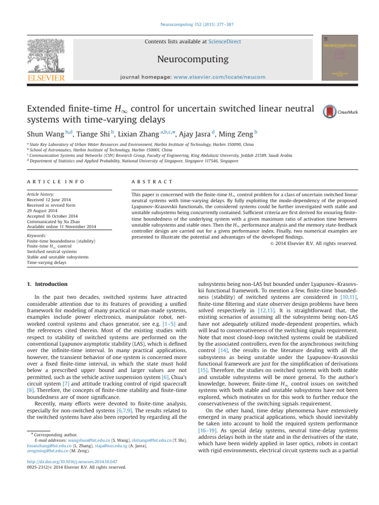 Extended Finite Time H1 Control For Uncertain Switched Linear Neutral Pdf Control Theory
