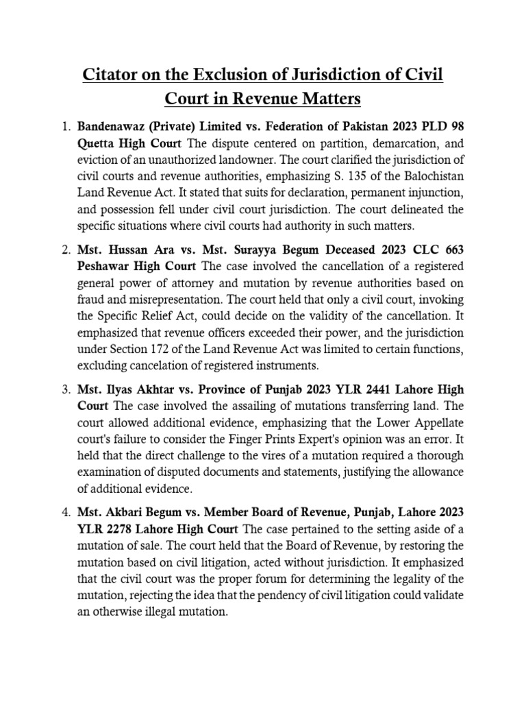 Citator On The Exclusion of Jurisdiction of Civil Court in Revenue Matters | PDF