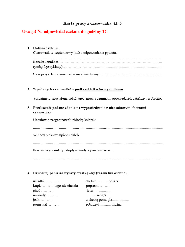 Karta Pracy Z Czasownika Kl. 5 | PDF
