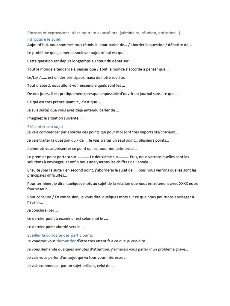 Phrases Et Expressions Utiles Pour Un Exposé Oral | PDF