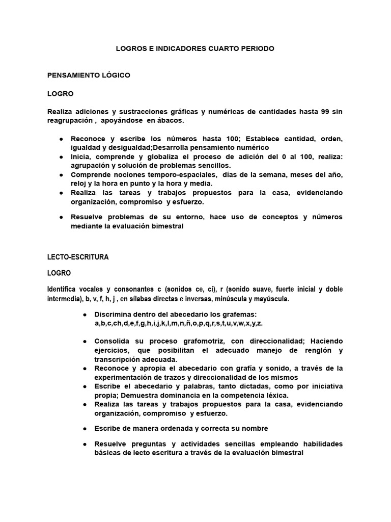 Logros e Indicadores Cuarto Periodo | PDF | Crecimiento personal y ...