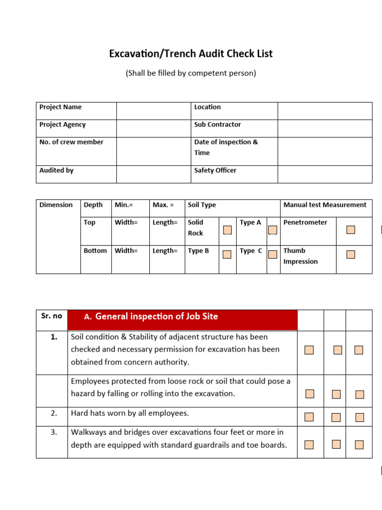 Excavation Safety Checklist | PDF | Trench | Occupational Safety And Health
