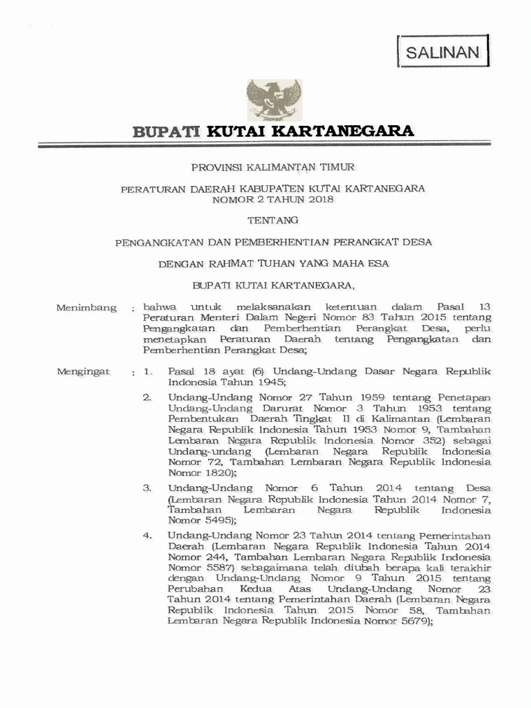 Perda No. 02 Tahun 2018 Tentang Pengangkatan Dan Pemberhentian Perangkatan Desa | PDF