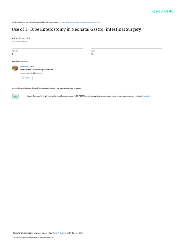 Use of T-Tube Enterostomy in Neonatal Gastro-Intestinal Surgery | PDF