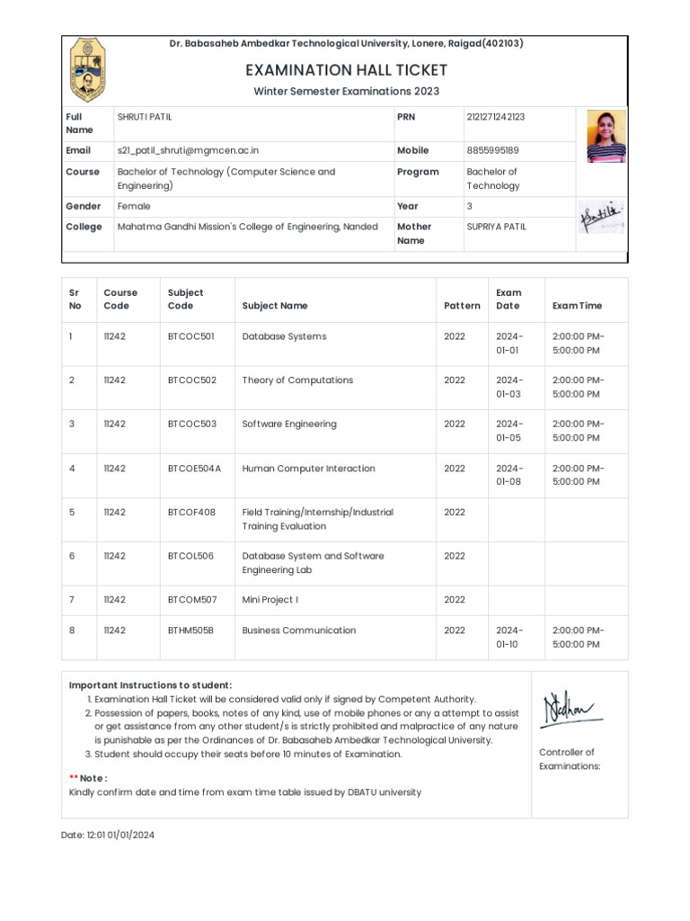 Hall Ticket 5th Sem | PDF