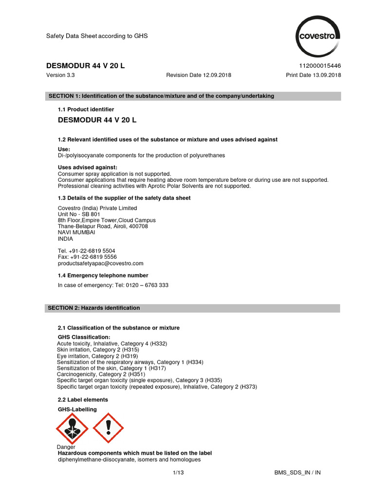 Desmodur 44V20L - MSDS | PDF
