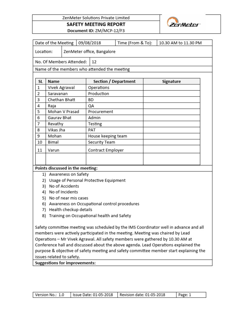 Minutes of Safety Meeting | PDF