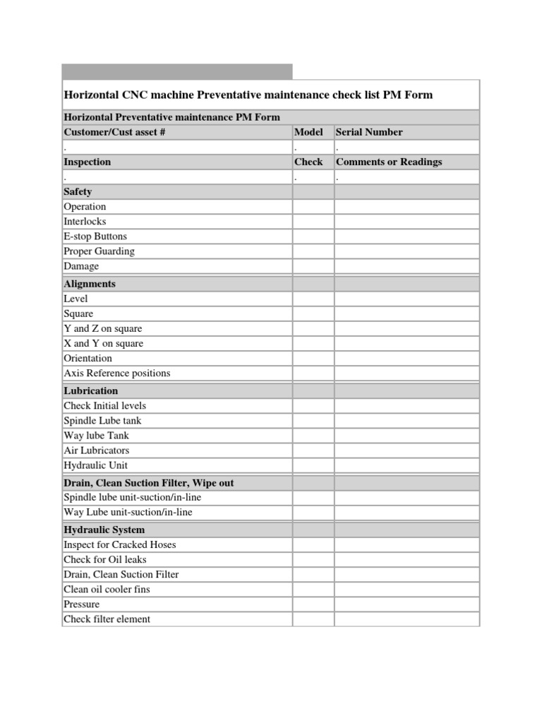 Horizontal CNC Machine Preventative Maintenance Check List PM Form ...