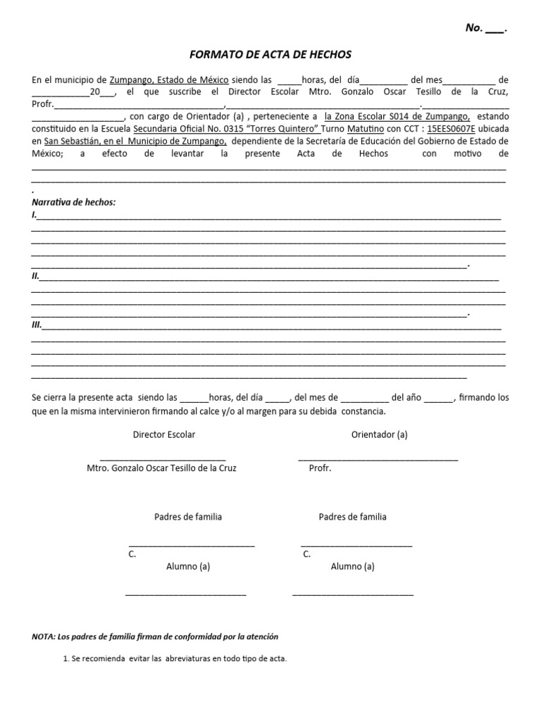 ACTA DE HECHOS EJEMPLO | PDF