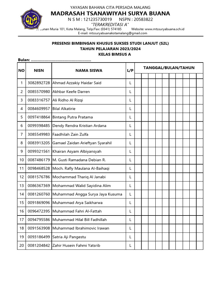 Pembagian Kelas Bimsus S2L - 2023-2024 | PDF