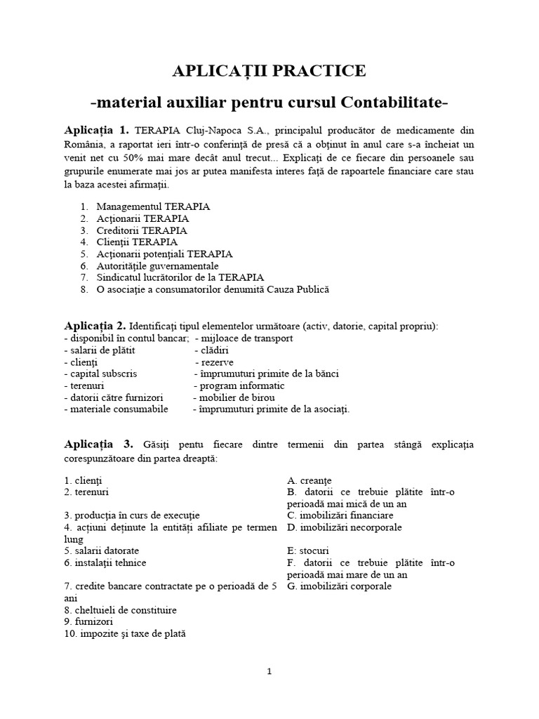 Caiet de Aplicatii Practice Contabilitate | PDF